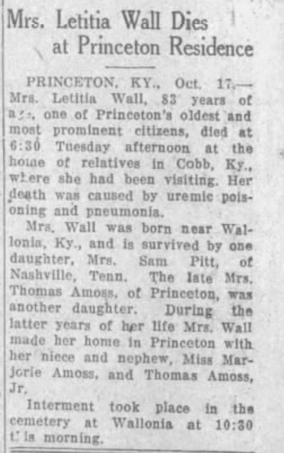 Mrs Letitia Wall Dies at Princeton Residence, obituary, The Paducah ...