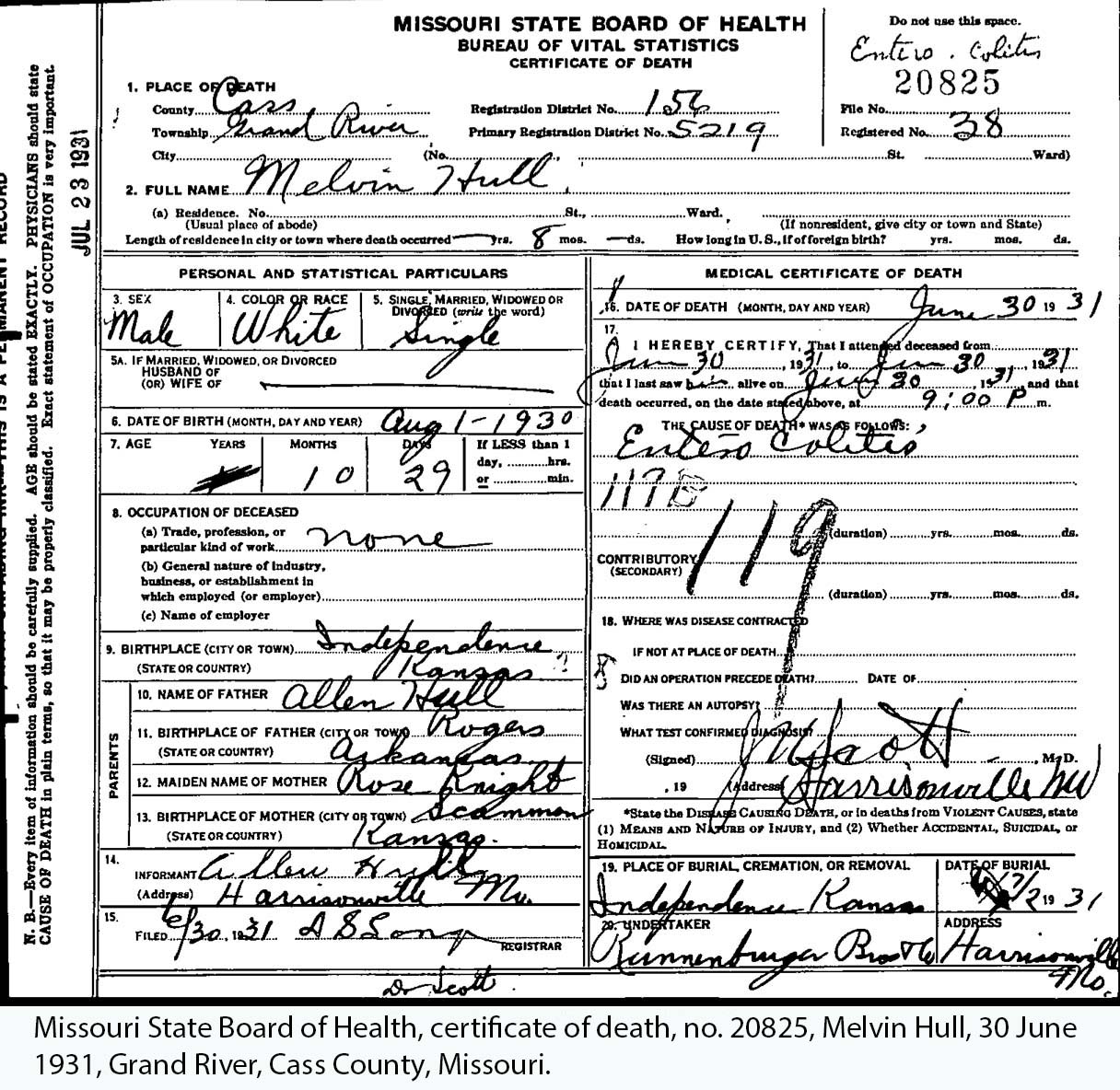 Missouri State Board of Health, certificate of death, no. 20825, Melvin ...