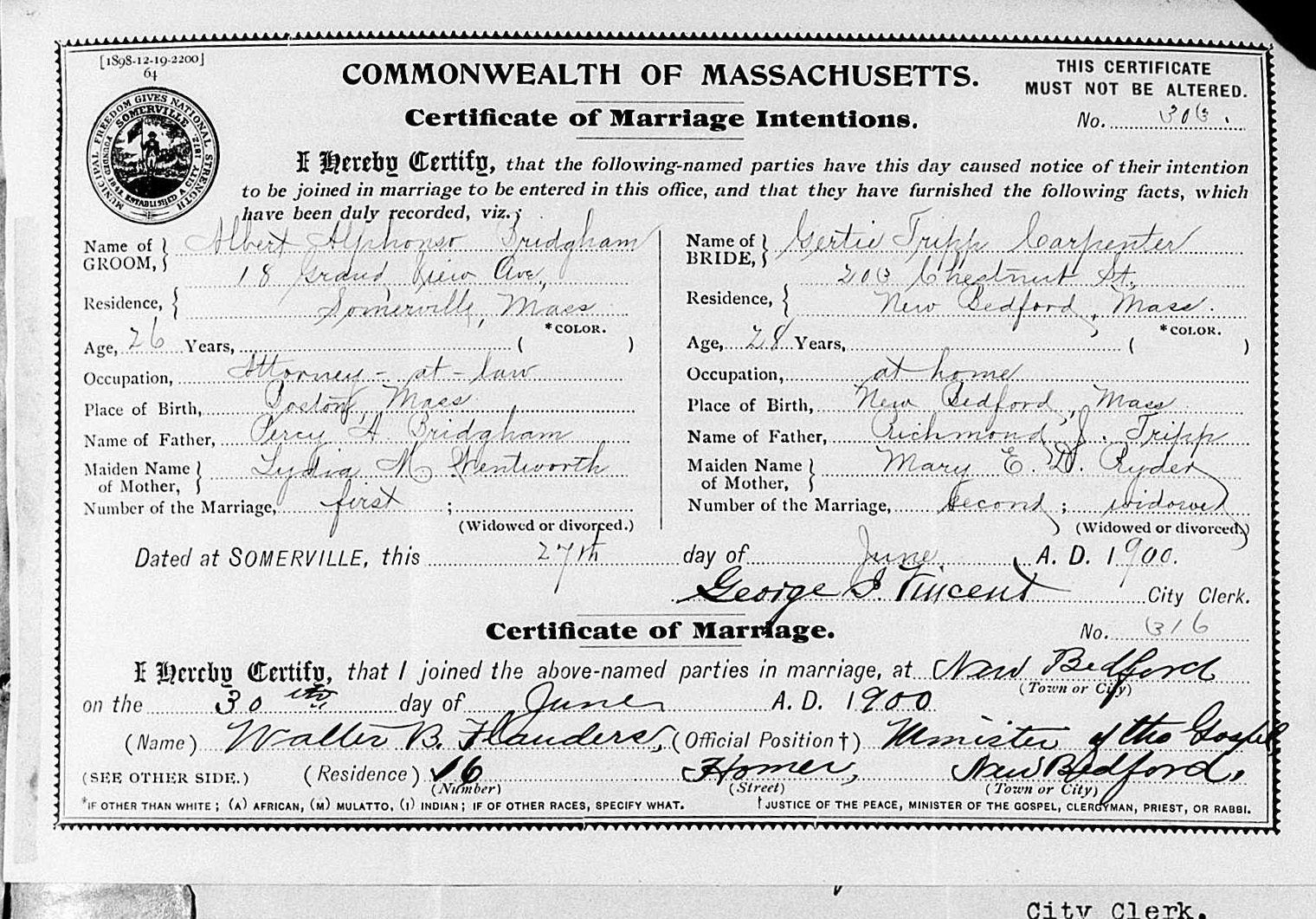 Commonwealth of Massachusetts, certificate of marriage intentions and ...